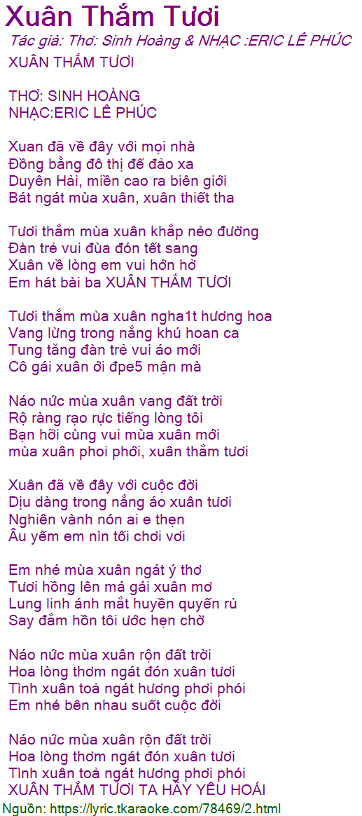 Loi bai hat Xuan Tham Tuoi (NHAC :ERIC LE PHUC & Tho: Sinh Hoang)